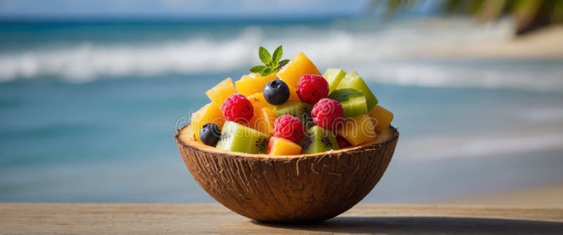 Mixed Tropical Fruit Salad in a Coconut Shell with Copy Space. Stock ...