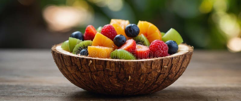 Mixed Tropical Fruit Salad in a Coconut Shell with Copy Space. Stock ...