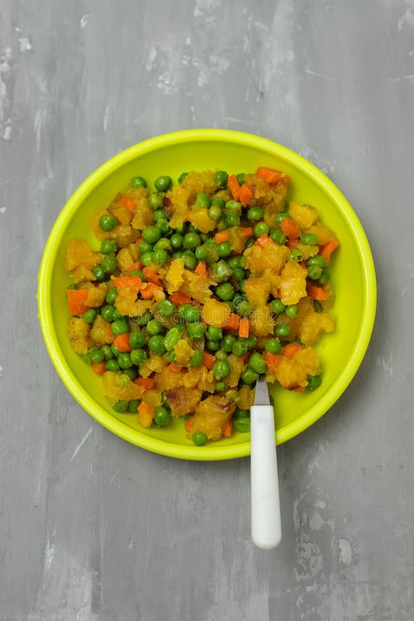 Mixed Vegetables Peas, Carrot, Potato Child Plate Stock Image - Image ...