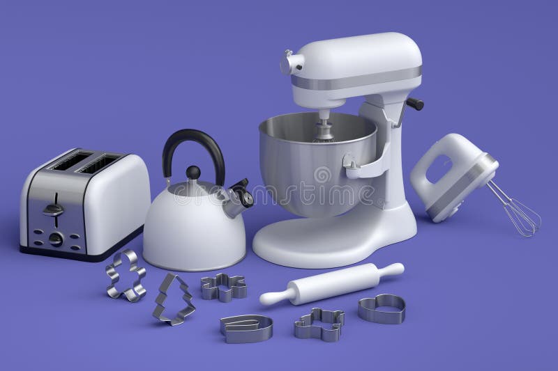 Mixer and Bowl with Kitchen Utensil for Preparation of Dough on Violet ...