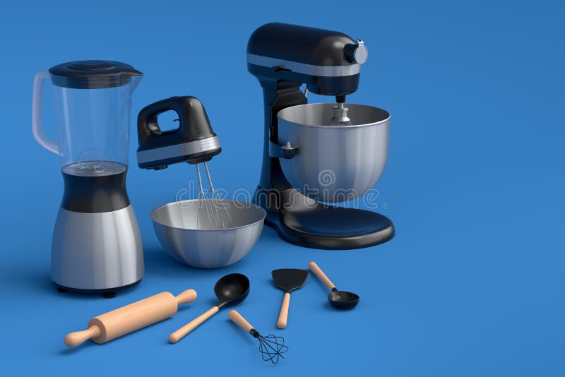 Mixer with Kitchen Utensil for Preparation of Dough on Blue Background ...
