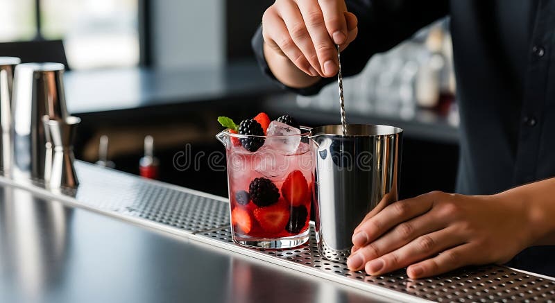 Mixing Berry Cocktail at Bar with Shaker and Spoon Stock Image - Image ...