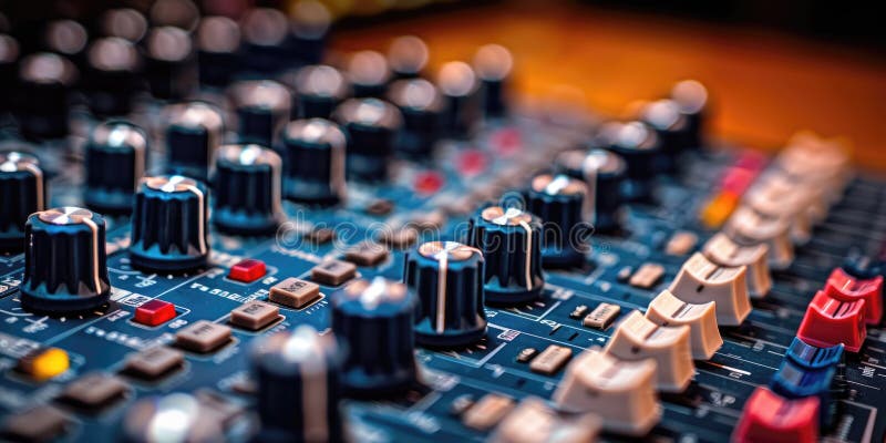 Close-up of an Audio Mixing Console with Knobs and Buttons during a ...