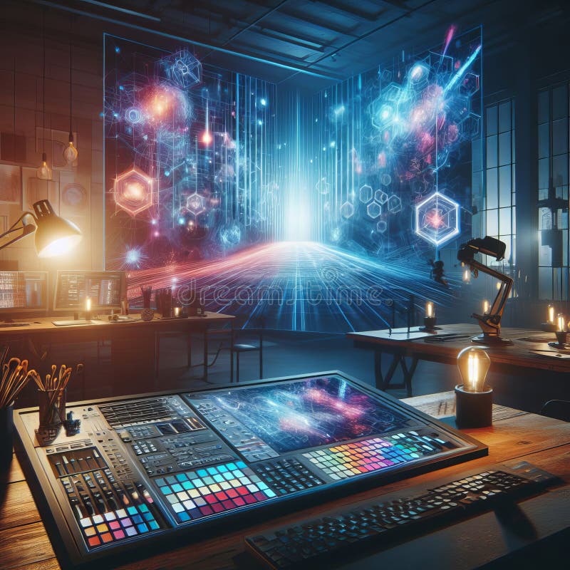 A Mixing Console in a Studio with a Dazzling Holographic Display of ...