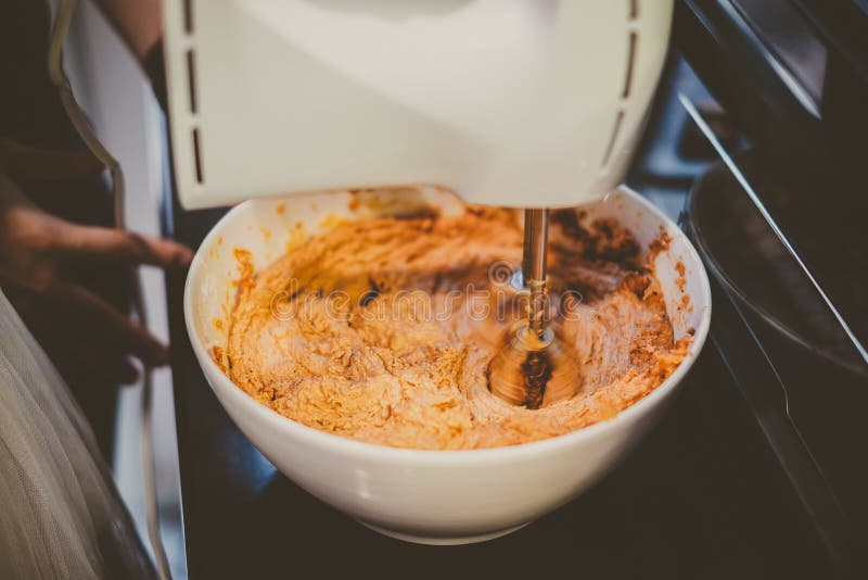 Mixing Cookie Ingredients in Bowl by Mixer, Vintage Look Stock Photo ...