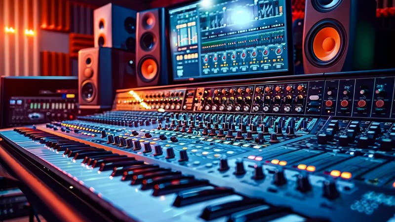 A Mixing Desk with a Keyboard and Speakers in a Recording Studio Stock ...
