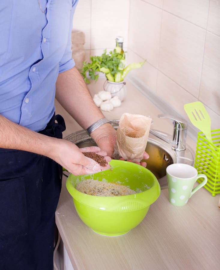 Bread Cooking,hand Mixing Ingredients In A Bowl Stock Photo - Image of ...