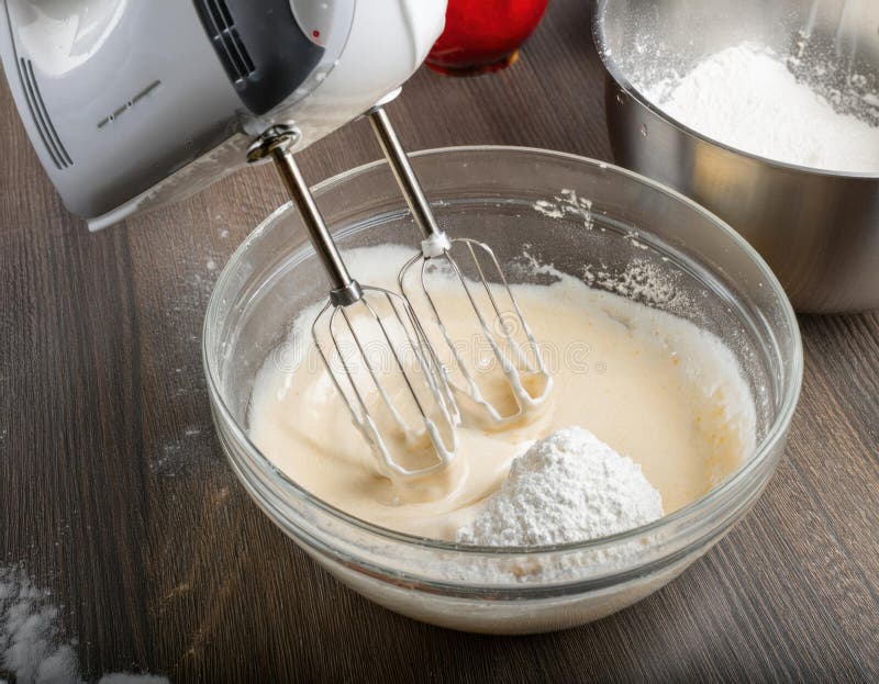 Mixing Ingredients for a Delicious Dessert Using a Handheld Mixer in a ...