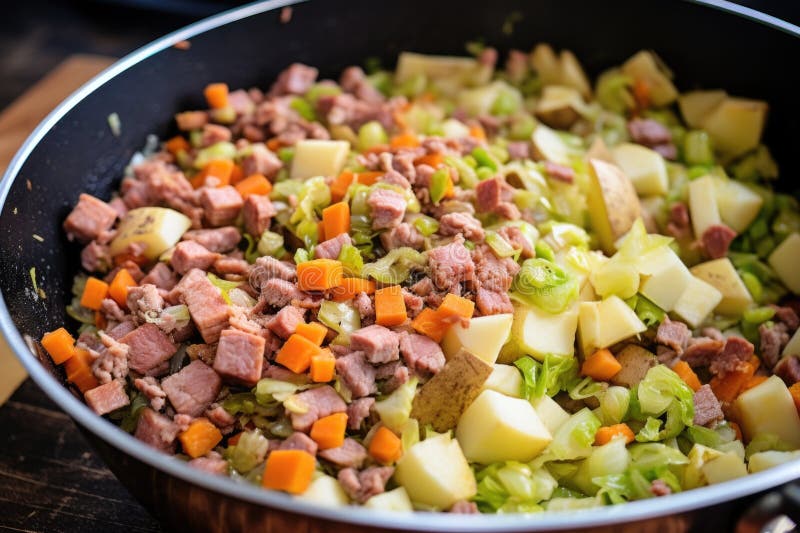 Mixing Leftover Meat and Veggies for Bubble and Squeak Stock ...