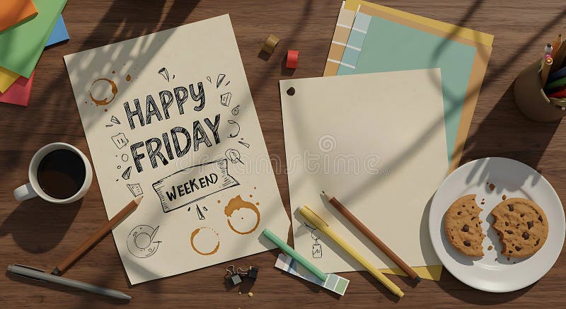Happy Friday Workspace with Coffee, Cookies, and Stationery by AI ...