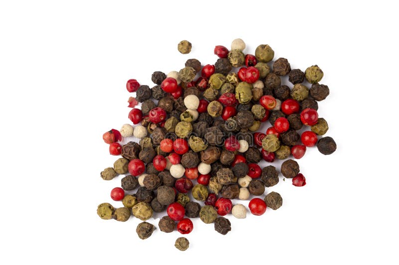 Mixture of Dry Round Hot Red Pepper, Black Pepper, White Pepper, Green ...