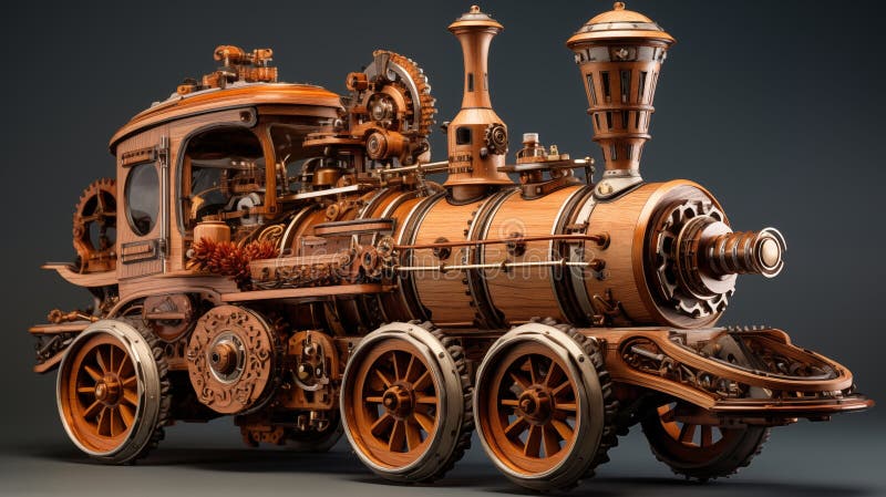 Elaborate Wooden Steampunk Train Model with Intricate Gears and Details ...