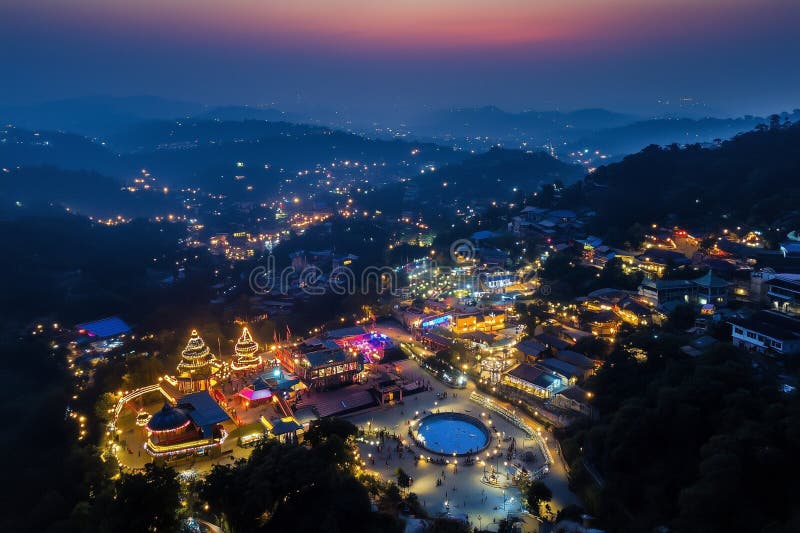 Aerial View of Ranchi Illuminated at Night with Temples and Marketplace ...
