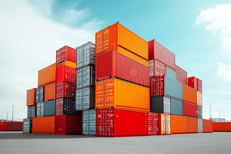 Vibrant Shipping Containers Stacked at an Industrial Cargo Port Under a ...
