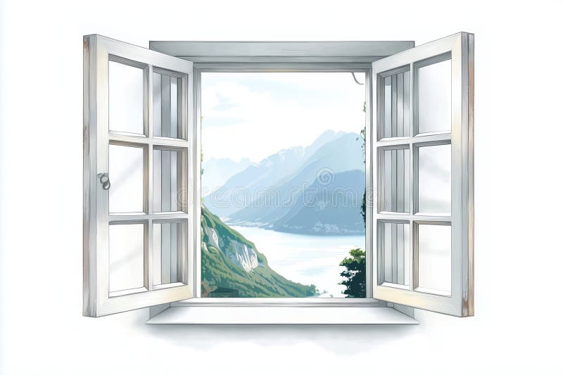 Scenic Mountain and Lake View through an Open Window - Isolated on ...