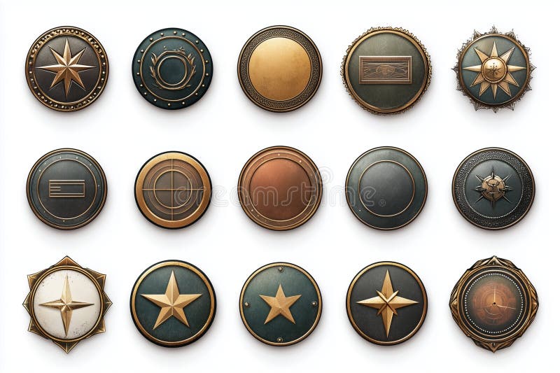 Fifteen Unique Circular Emblems with Diverse Designs, Including Stars ...