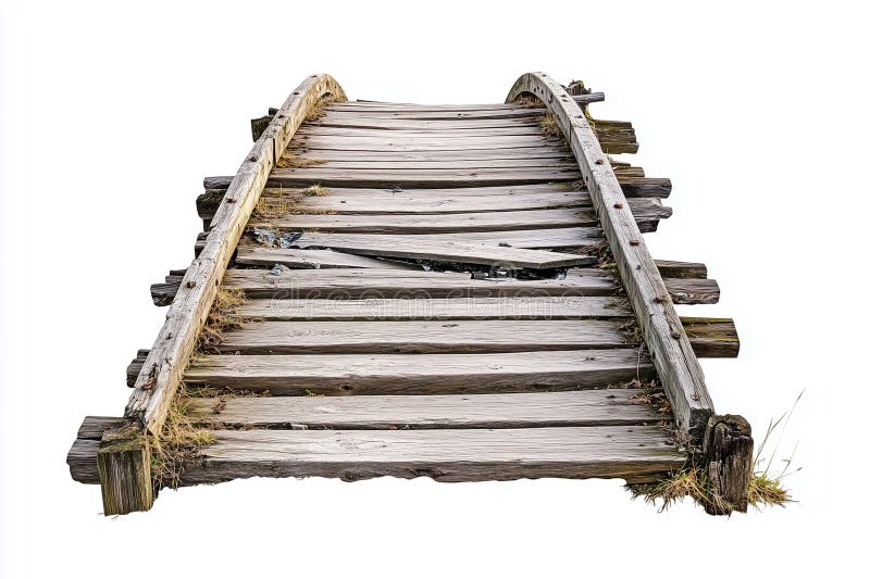 Weathered Wooden Bridge with Missing Planks and Worn Texture, on White ...