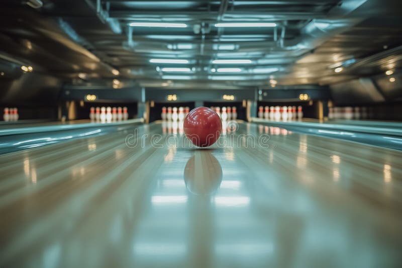 Red Bowling Ball Centered on a Bowling Lane, Reflecting Lights and ...