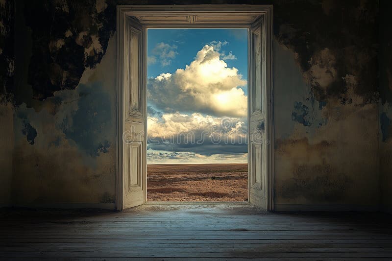 Open Door in a Dilapidated Room Revealing a Bright, Expansive Landscape ...