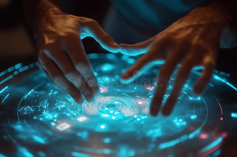 Two Hands Interacting Futuristic Blue Digital Interface Stock Photos ...