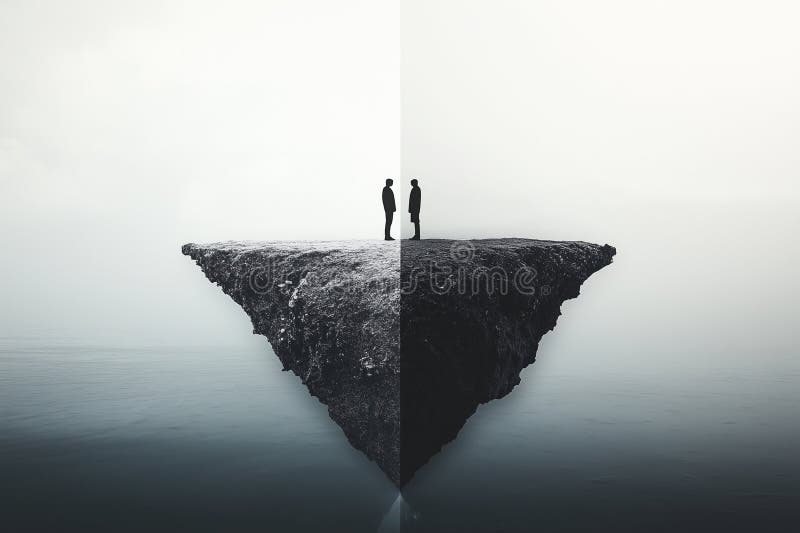 Title: Conceptual Image of Two Figures on Opposing Sides of a Divided ...