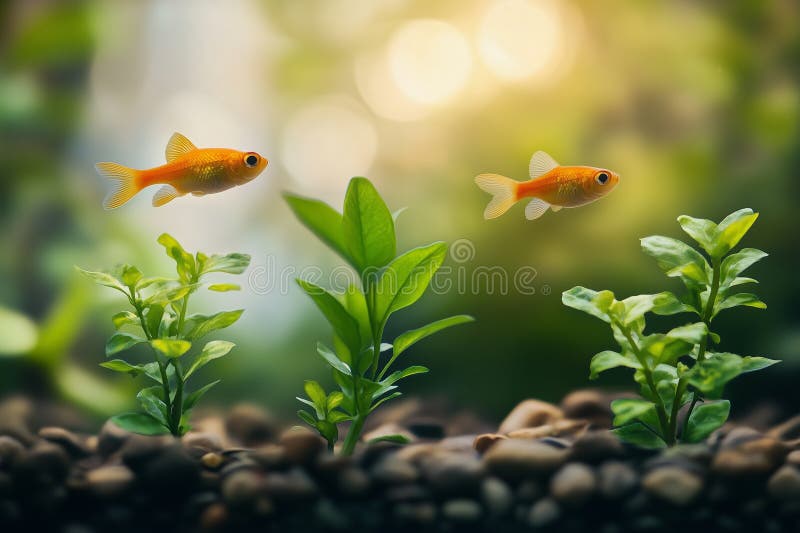 Two Goldfish in an Aquarium with Aquatic Plants, Emphasizing ...