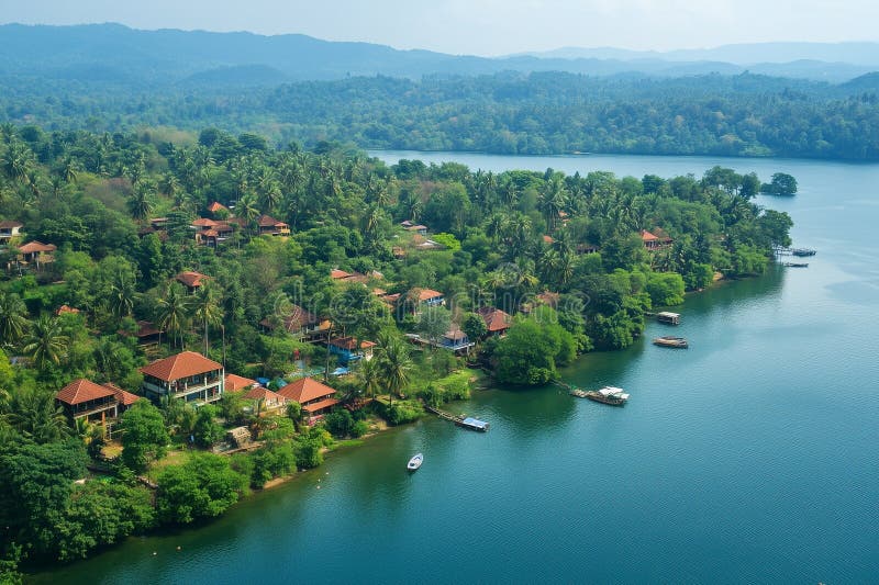 Aerial View of a Serene Riverside Village Surrounded by Lush Tropical ...