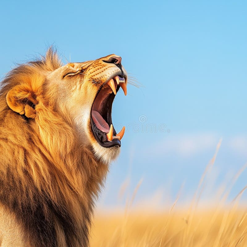 Close-Up of a Roaring Lion with a Magnificent Mane Stock Illustration ...