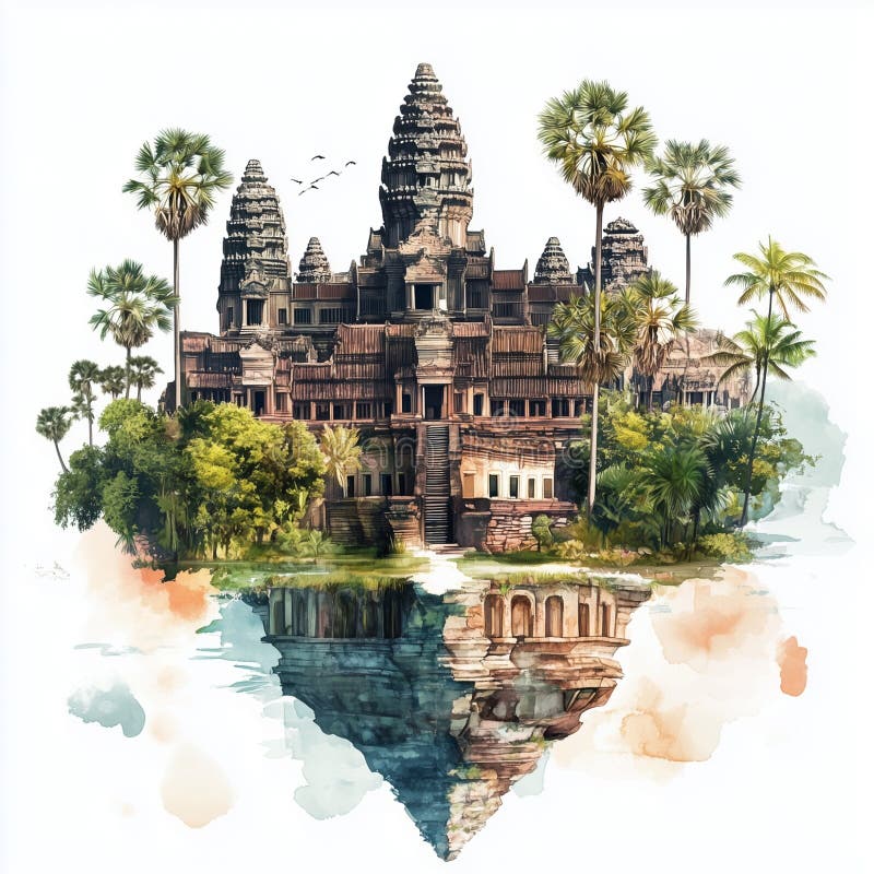 Angkor Wat Reflection: Architectural Illustration with Tropical ...