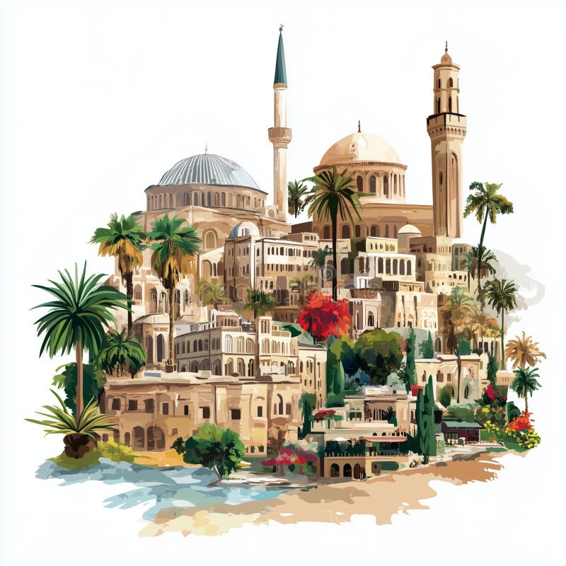 Syria Travel Concept: Ancient Cityscape with Domes and Minarets Stock ...