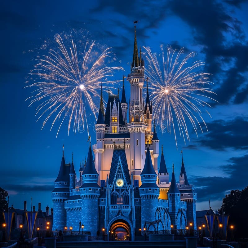 Majestic Fairytale Castle Illuminated Fireworks Night Stock Photos ...