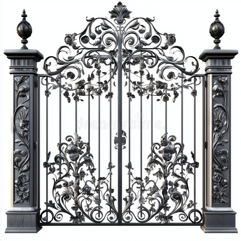 Grandiose Wrought Iron Gate with Ornate Pillars and Florid Patterns ...
