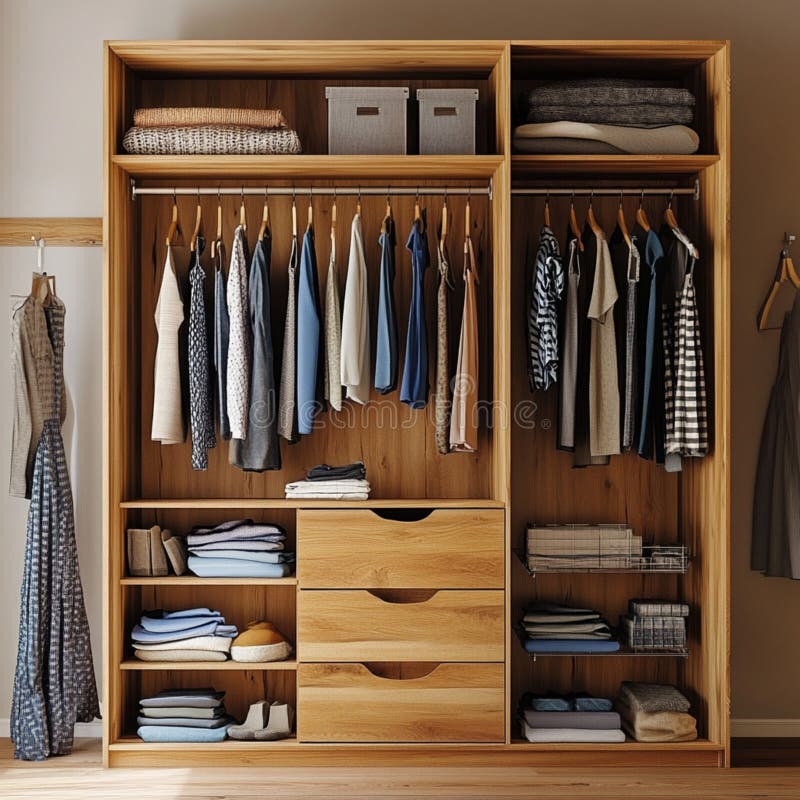 Spacious Wooden Wardrobe Neatly Organized with Various Garments Stock ...