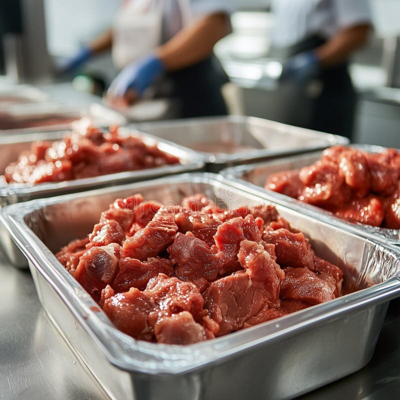 Preparing Raw Meat in Aluminum Trays at a Commercial Kitchen Stock ...