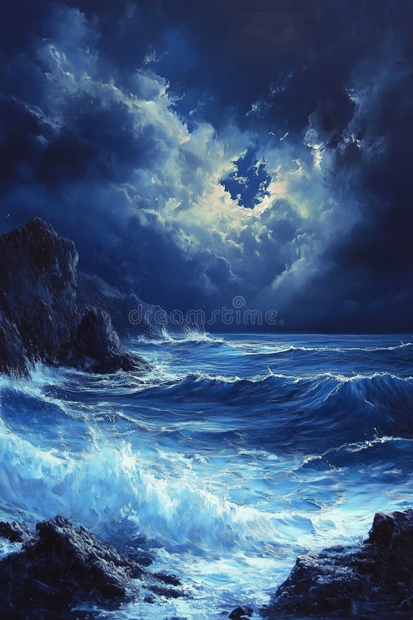 Moonlit Storm Over Rugged Ocean Cliffs Stock Image - Image of cloud ...