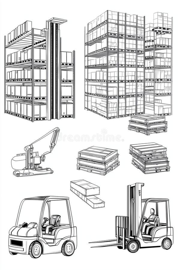 Technical Line Drawings of Warehousing Equipment and Storage Solutions ...