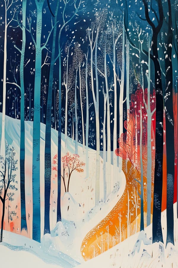 Vibrant Winter Forest Scene in Artistic Style Stock Photo - Image of ...