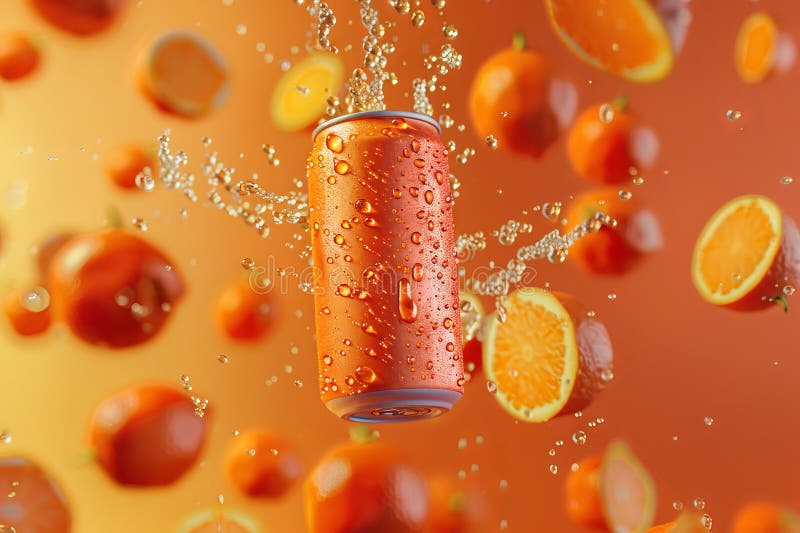 Refreshing Blank Orange Soda Can with Droplets among Fresh Oranges ...