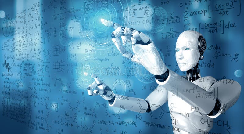 MLB AI Humanoid Robot Touch Screen of Mathematics Formula and Science Equation Stock ...