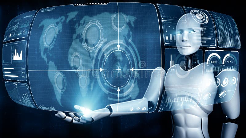 MLB AI Hominoid Robot Holding Hologram Screen Shows Concept of Global ...