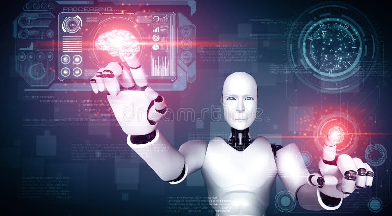 MLB AI Humanoid Robot Touching Virtual Hologram Screen Showing Concept ...