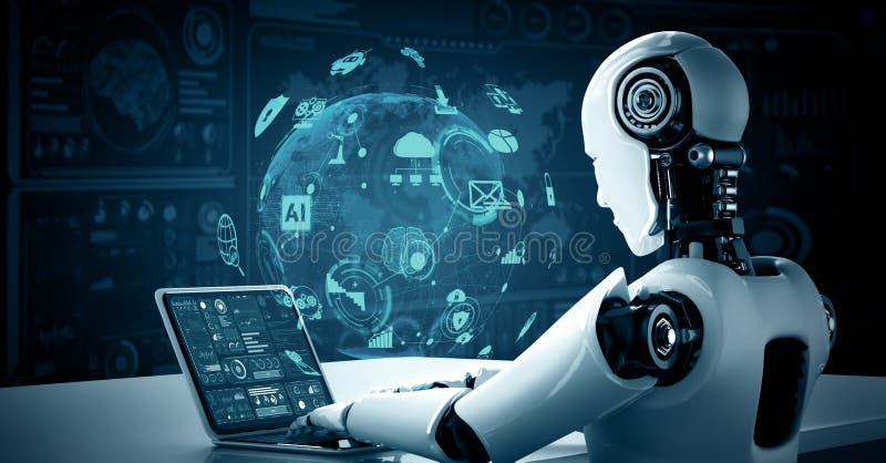 MLB Robot Hominoid Use Laptop and Sit at Table for Global Network ...