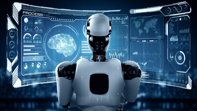 MLB Thinking AI Hominoid Robot Analyzing Hologram Screen Showing ...