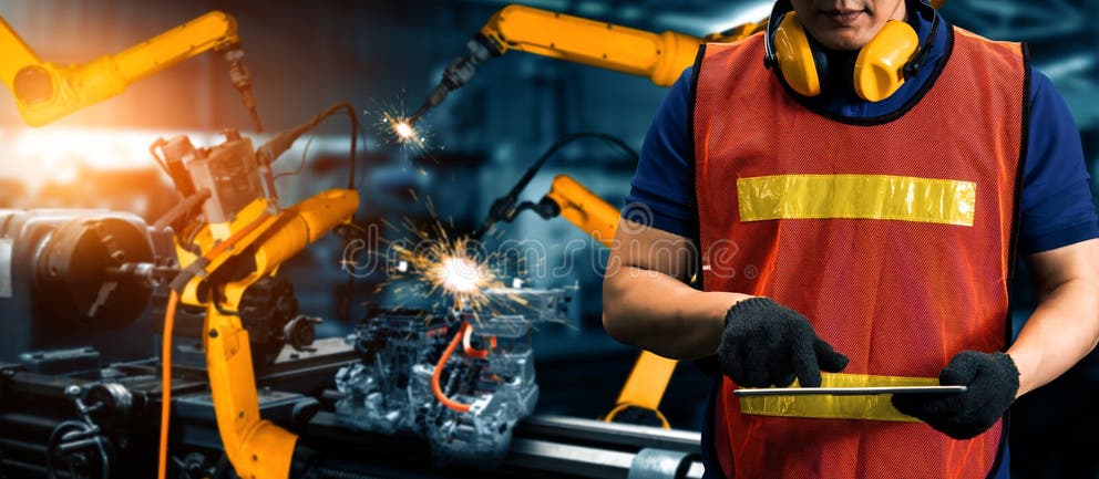 MLB Engineer Use Advanced Robotic Software To Control Industry Robot Arm in Factory Stock Photo ...