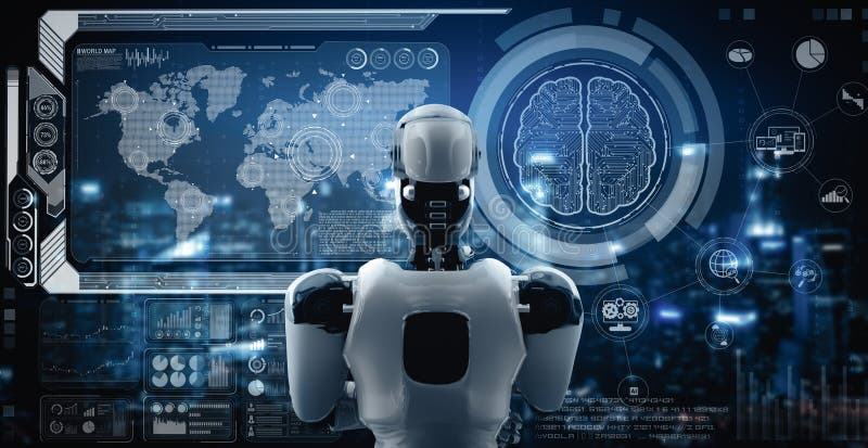 MLB Thinking AI Humanoid Robot Analyzing Hologram Screen Showing ...