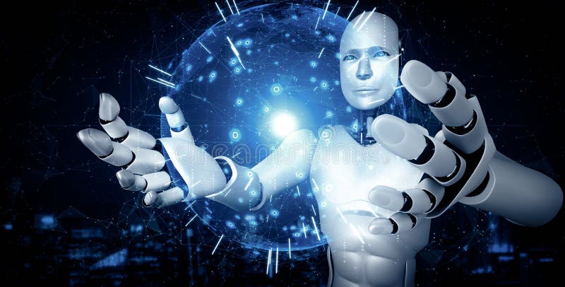 MLP AI Humanoid Robot Holding Hologram Screen Shows Concept of Global ...