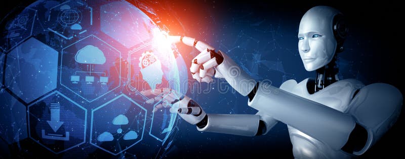MLP AI Humanoid Robot Touching Hologram Screen Shows Concept of Global ...