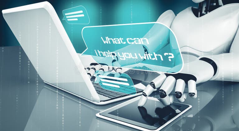 MLP AI Robot Using Computer To Chat with Customer. Concept of Chat Bot ...