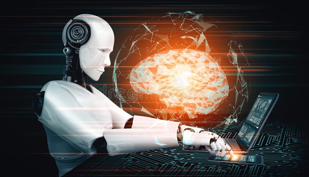 MLP Robot Humanoid Use Laptop and Sit at Table in Concept of AI ...