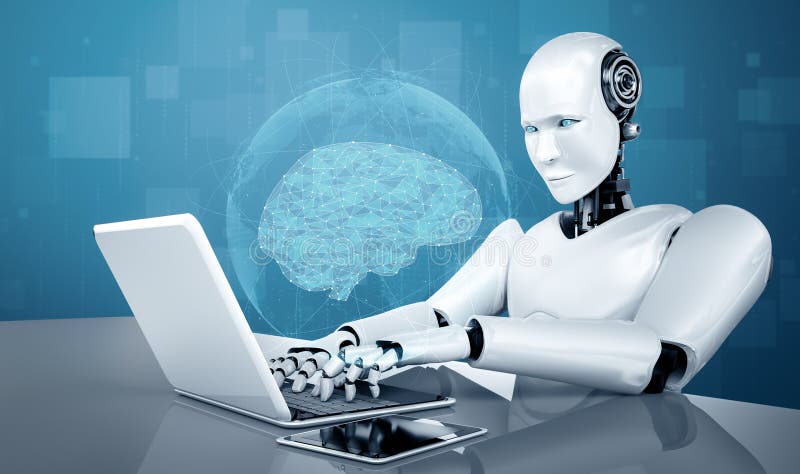 MLP Robot Humanoid Use Laptop and Sit at Table in Concept of AI ...